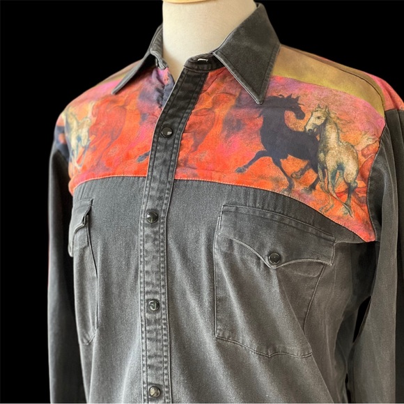 yems | Shirts | Vintage Mens Western Snap Button Shirt Horse Print ...